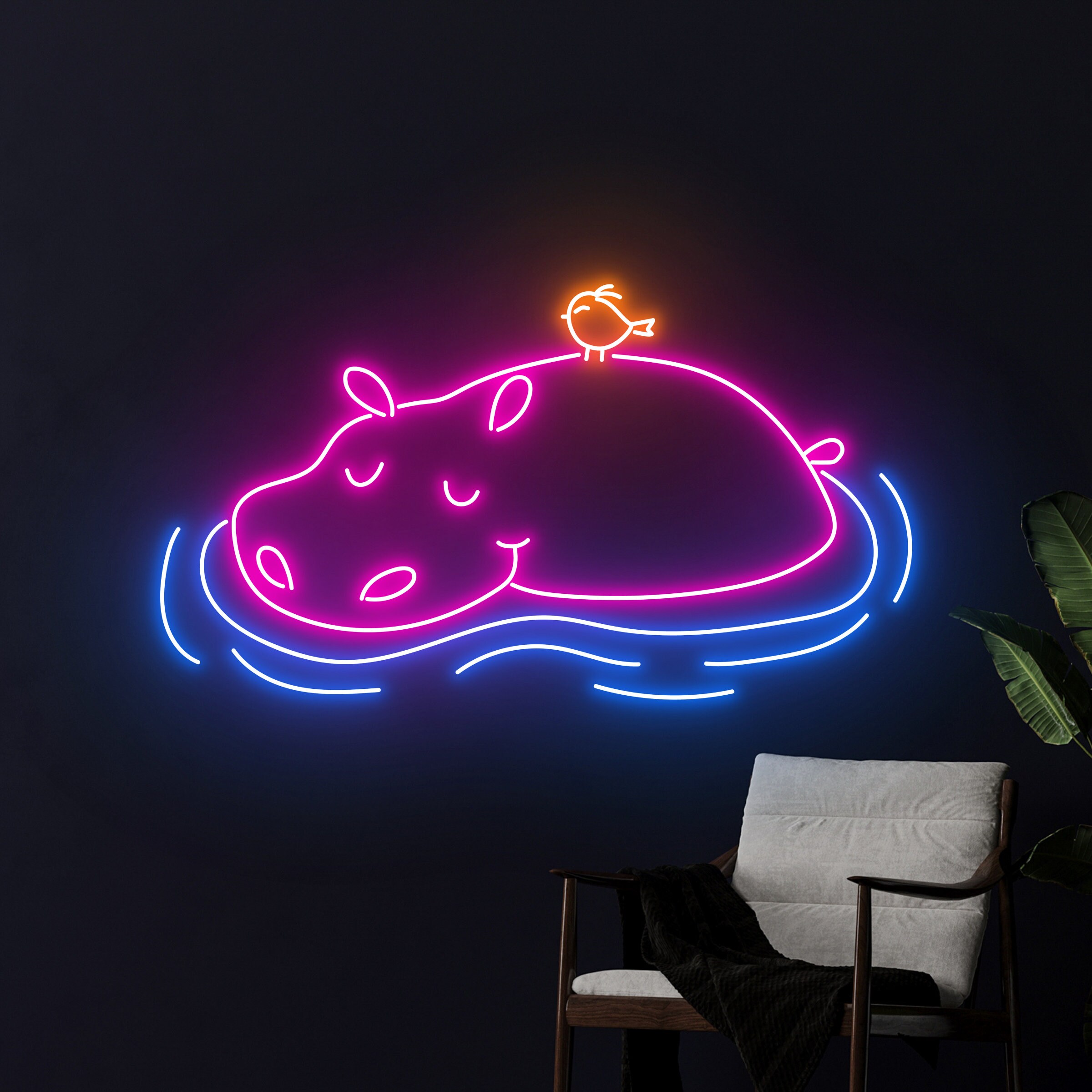 Hippo Neon Sign, Hippopotamus Led Sign, Hippo and Bird Led Sign ...