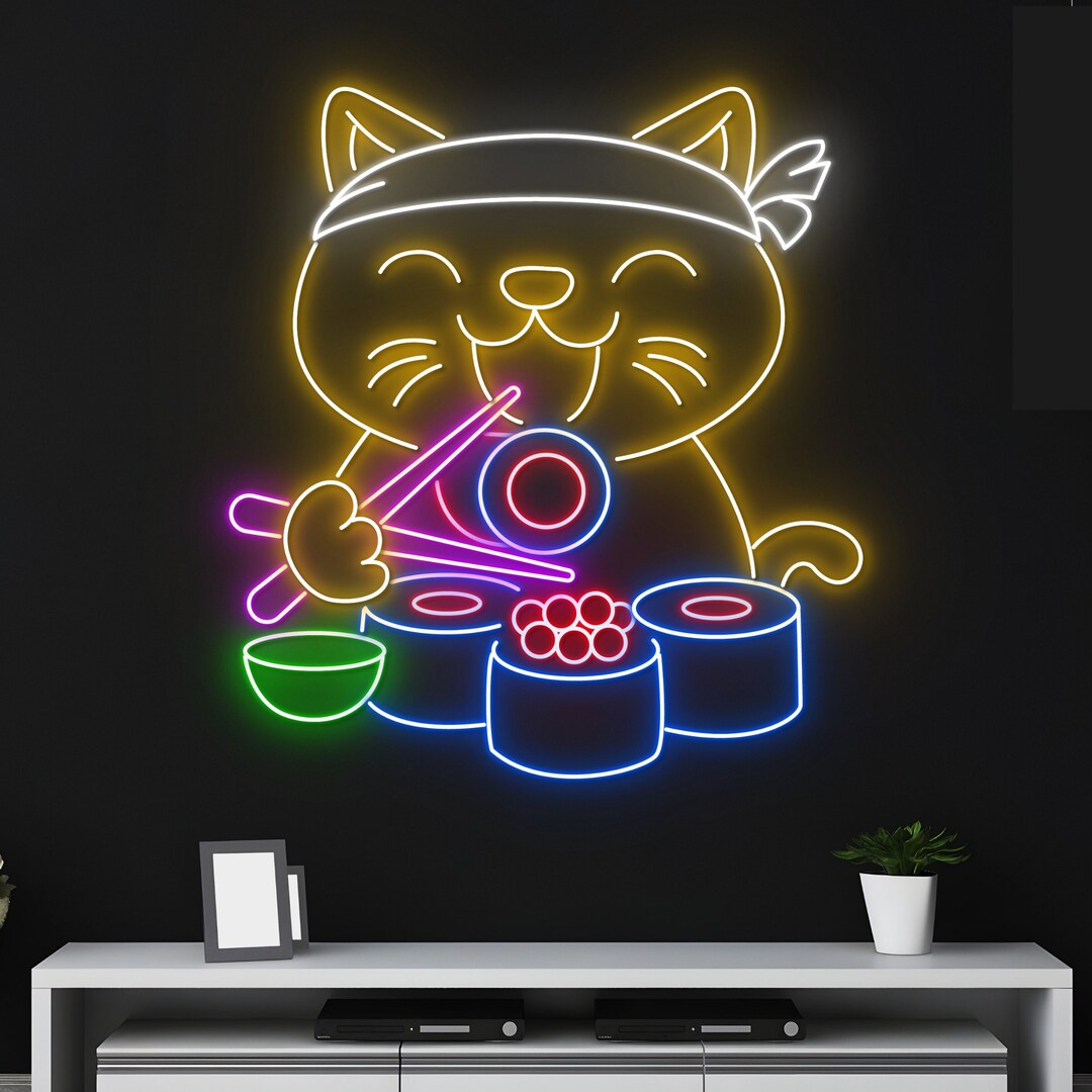 Custom Cat Eating Sushi Neon Sign, Cat Eating Japanese Food LED Sign ...