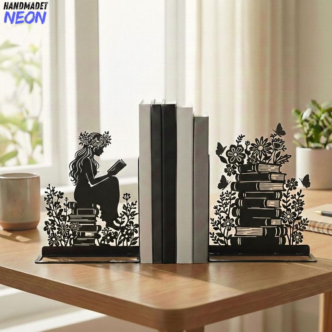 Custom Girl Reading Metal Bookends, Floral Book End, Flower Desk Decor ...
