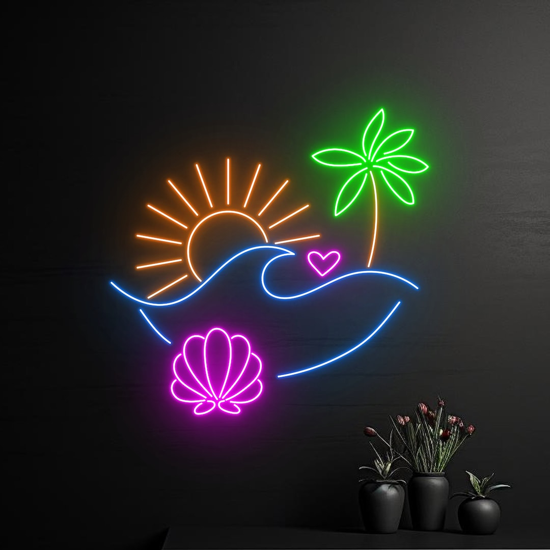 Sun Ocean Waves Palm Tree Neon Sign, Pearl Led Sign, Seashell Led Light ...