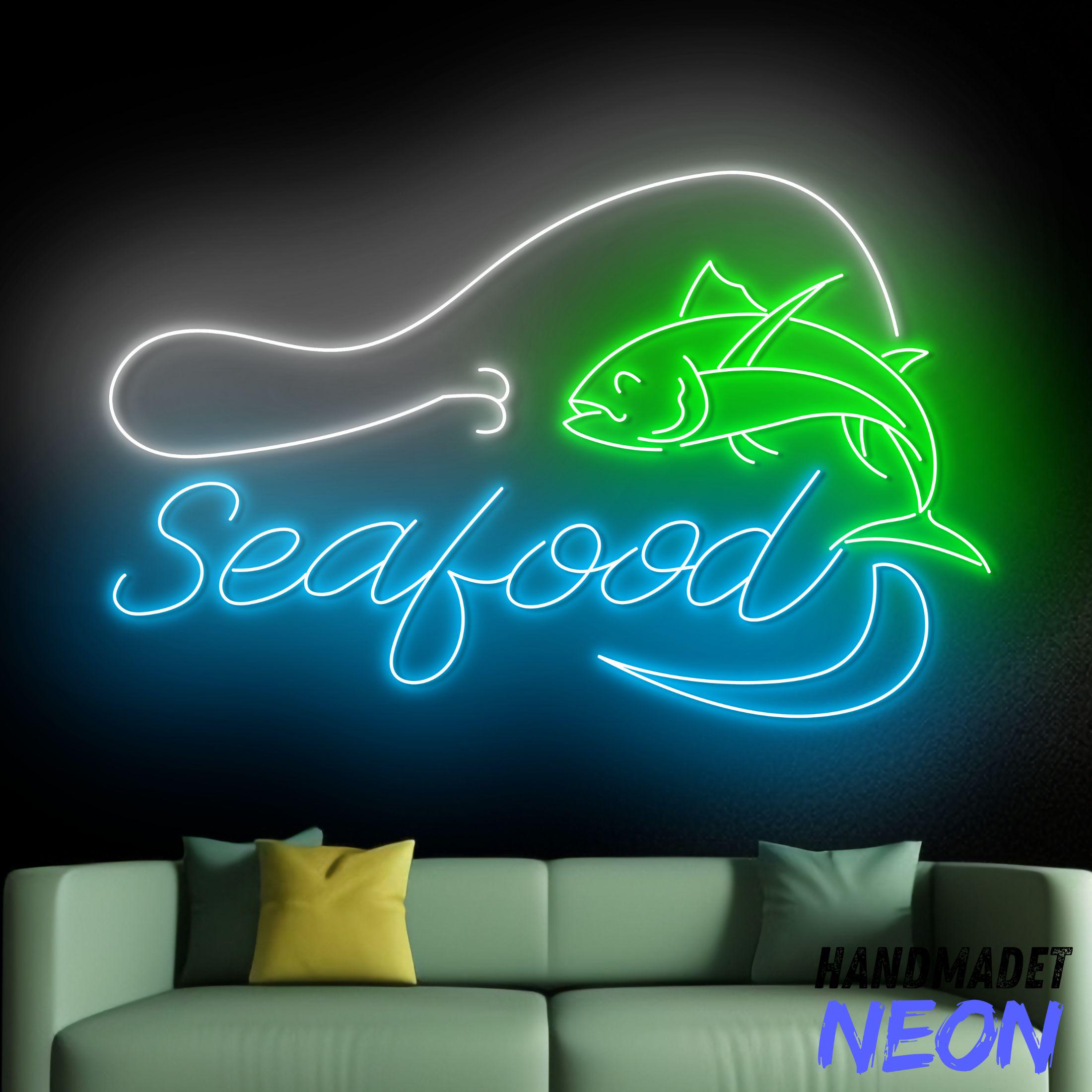 Seafood Neon Sign, Seafood Fishing Led Sign, Fish Hook Neon Light, Fish ...