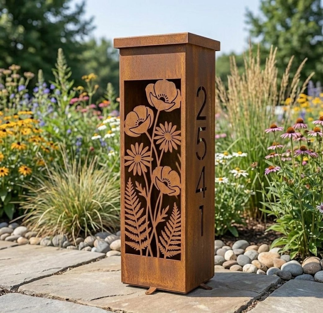 Wildflower Metal Garden Column Address Sign, Custom House Number Light ...