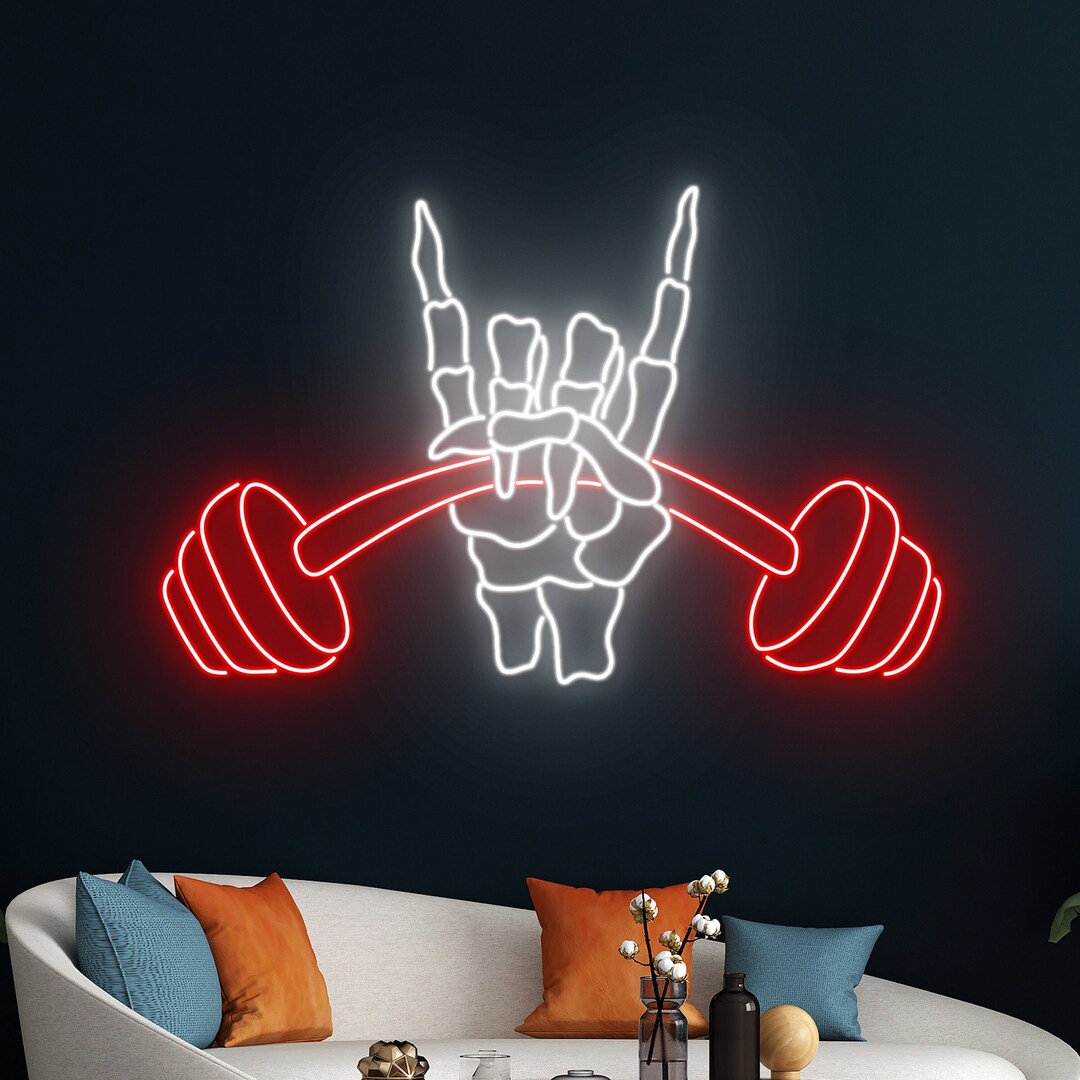 Lifting the Weight Skeleton Rock Hand Neon Sign, Dumbbell Hand LED Sign ...