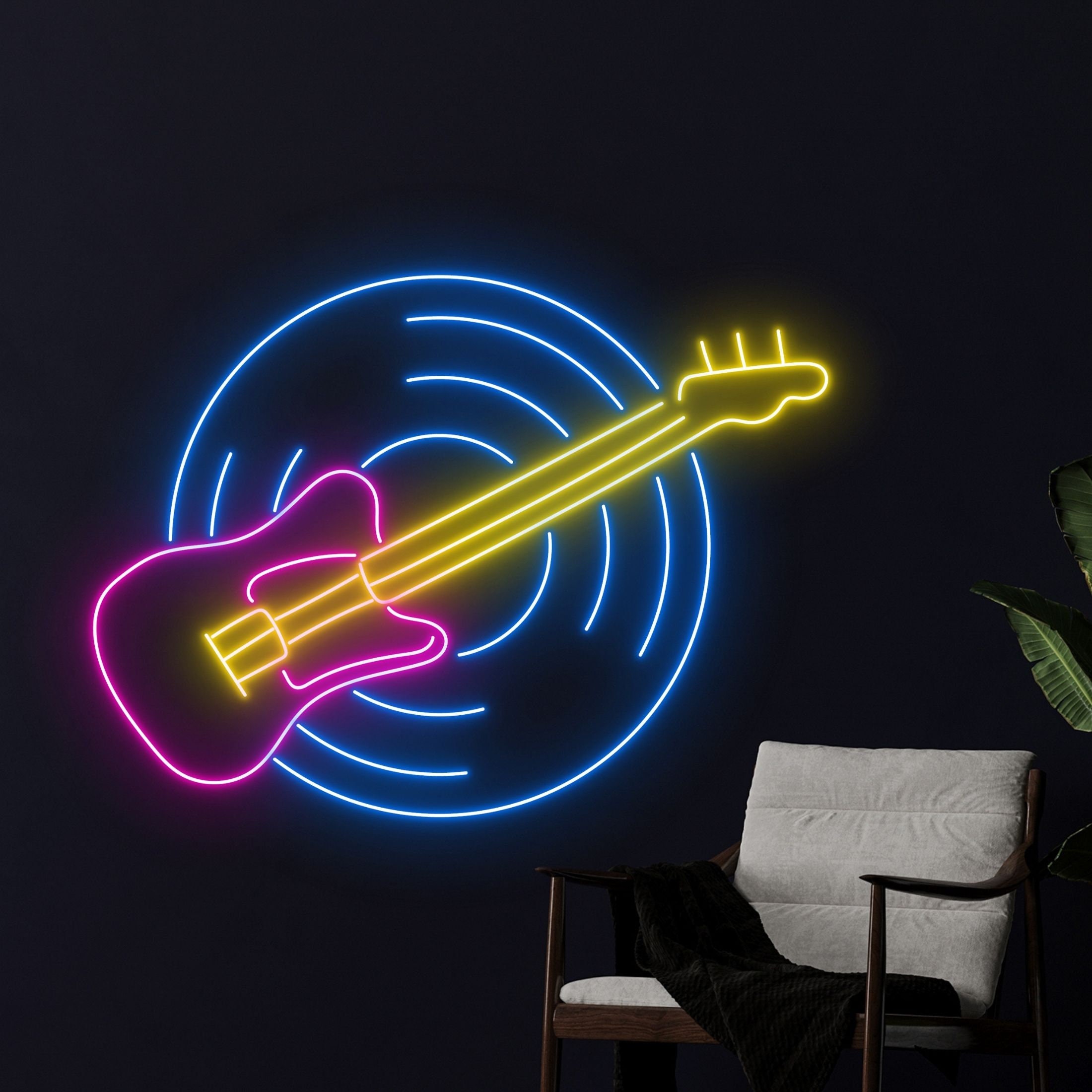 Record Disc Guitar Led Sign, Record Neon Light, Guitar Led Light, Disc ...
