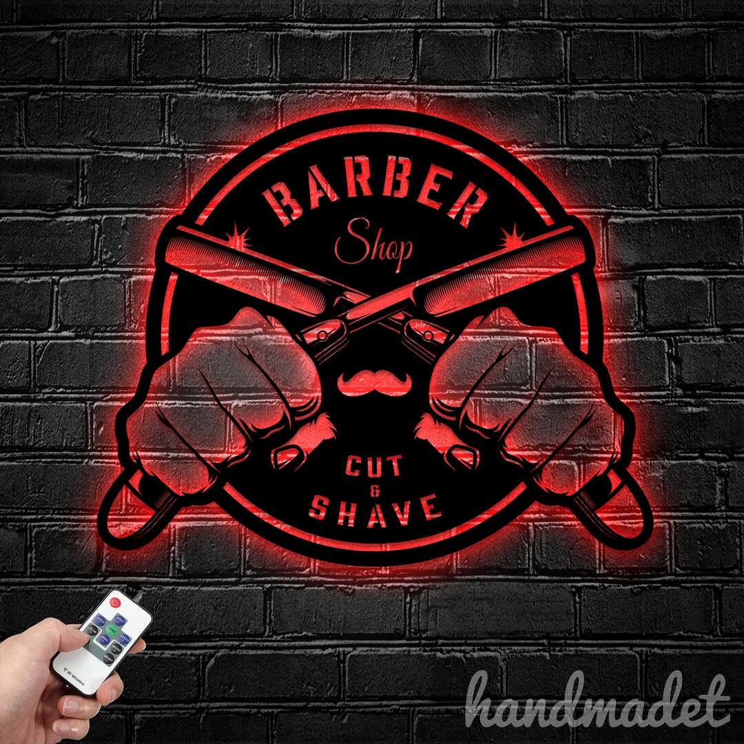 Personalized Barber Shop Metal Wall Art LED Light Custom Hairstylist ...