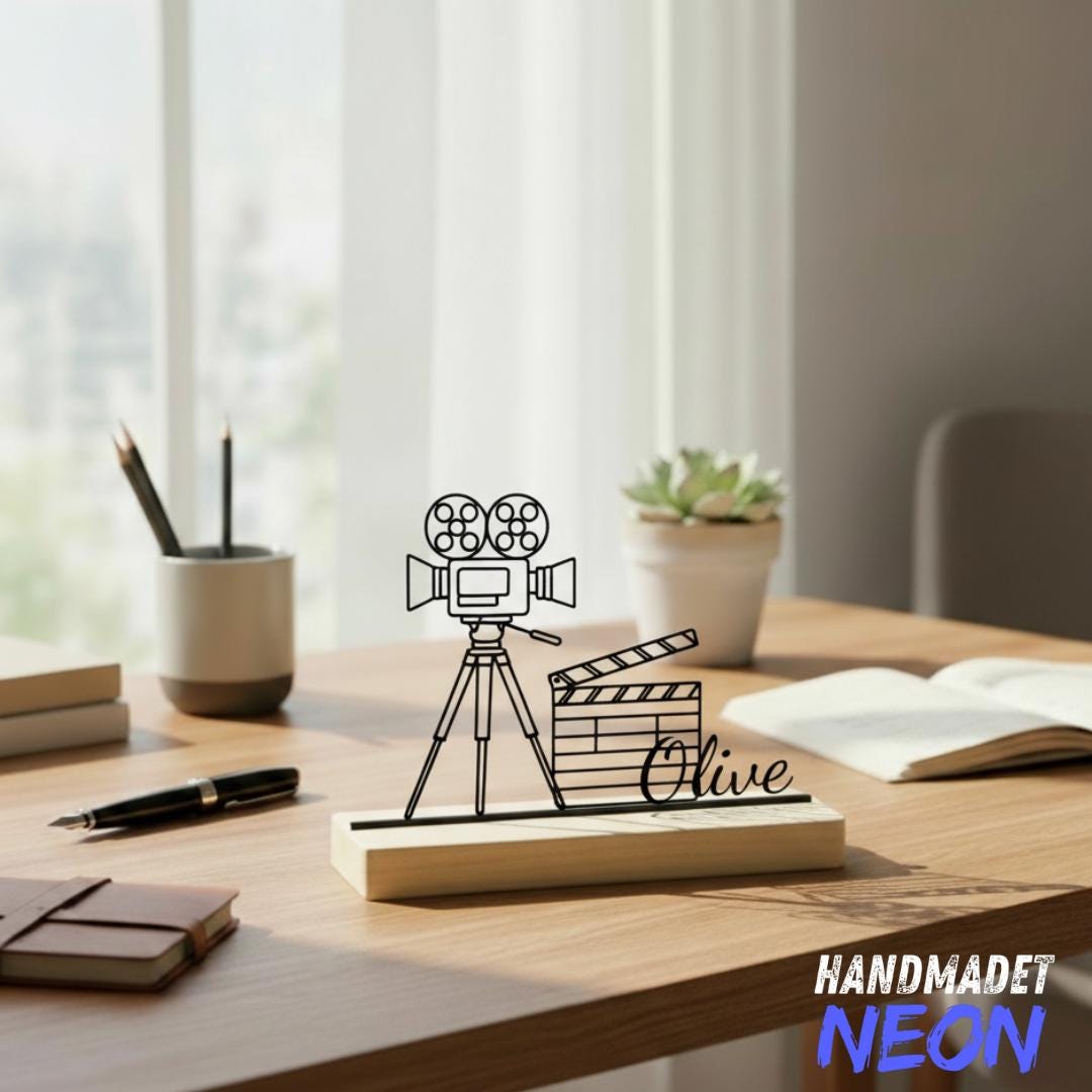 Personalized Movie Camera Metal Desk Decor on Wooden Base, Custom Name ...