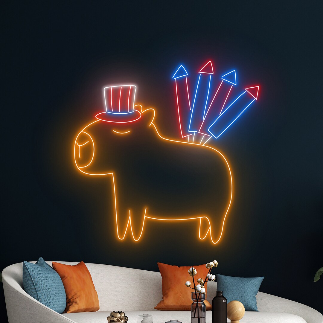 Capybara 4th of July Neon Sign, Capybara Led Light, Capybara Cannon Led ...