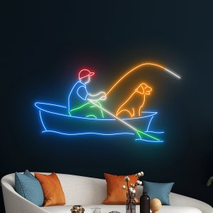 Fishing Neon Sign, Fishing on Boat Neon Light, Man and Dog Fishing Led ...