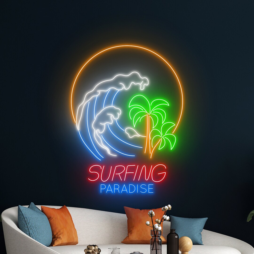 Surfing Paradise Ocean Waves Palm Tree Neon Sign, Beach Led Sign ...