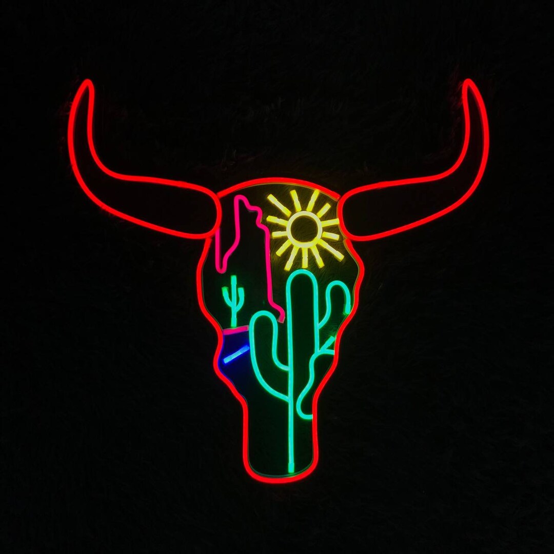 Western Cattle Bull Head Skull Neon Sign, Bull Head Neon Light, Mexico ...