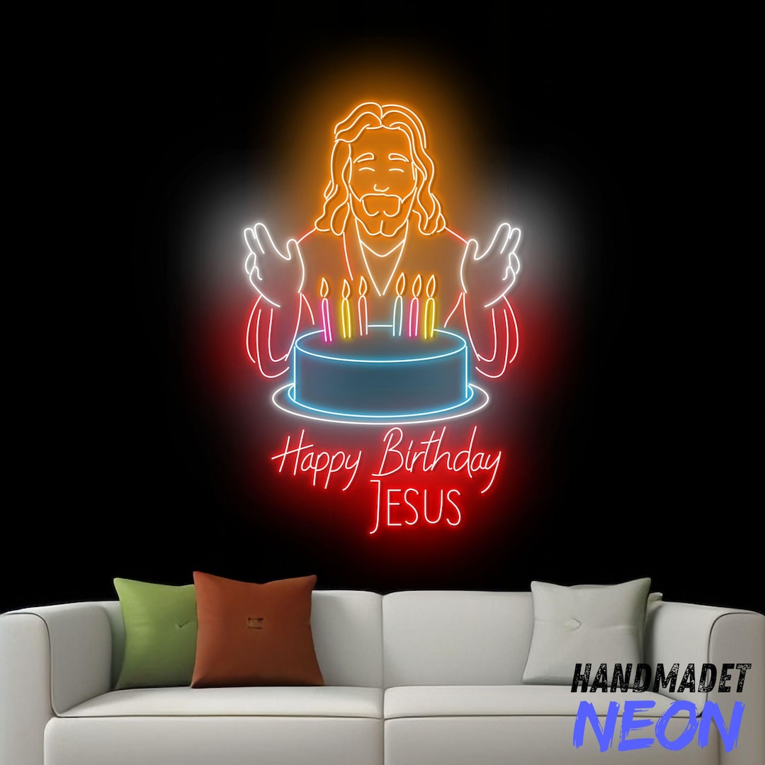 Happy Birthday Jesus Neon Sign, Jesus With Cake Led Sign, Merry ...