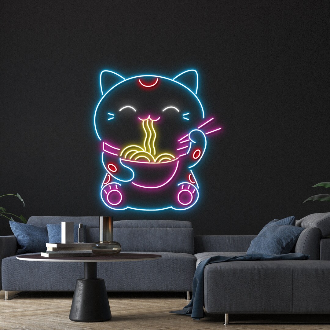 Cute Cat Eating Noodles Led Sign, Cat Eating Ramen Neon Sign, Wall ...