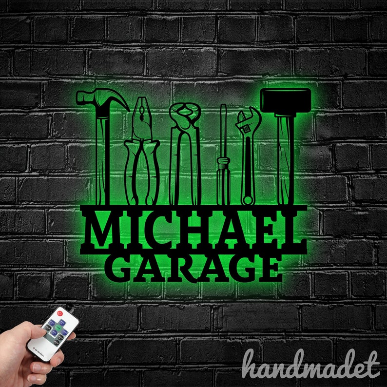 Custom Garage Name Metal Wall Art LED Light, Car Repair Tools Metal ...