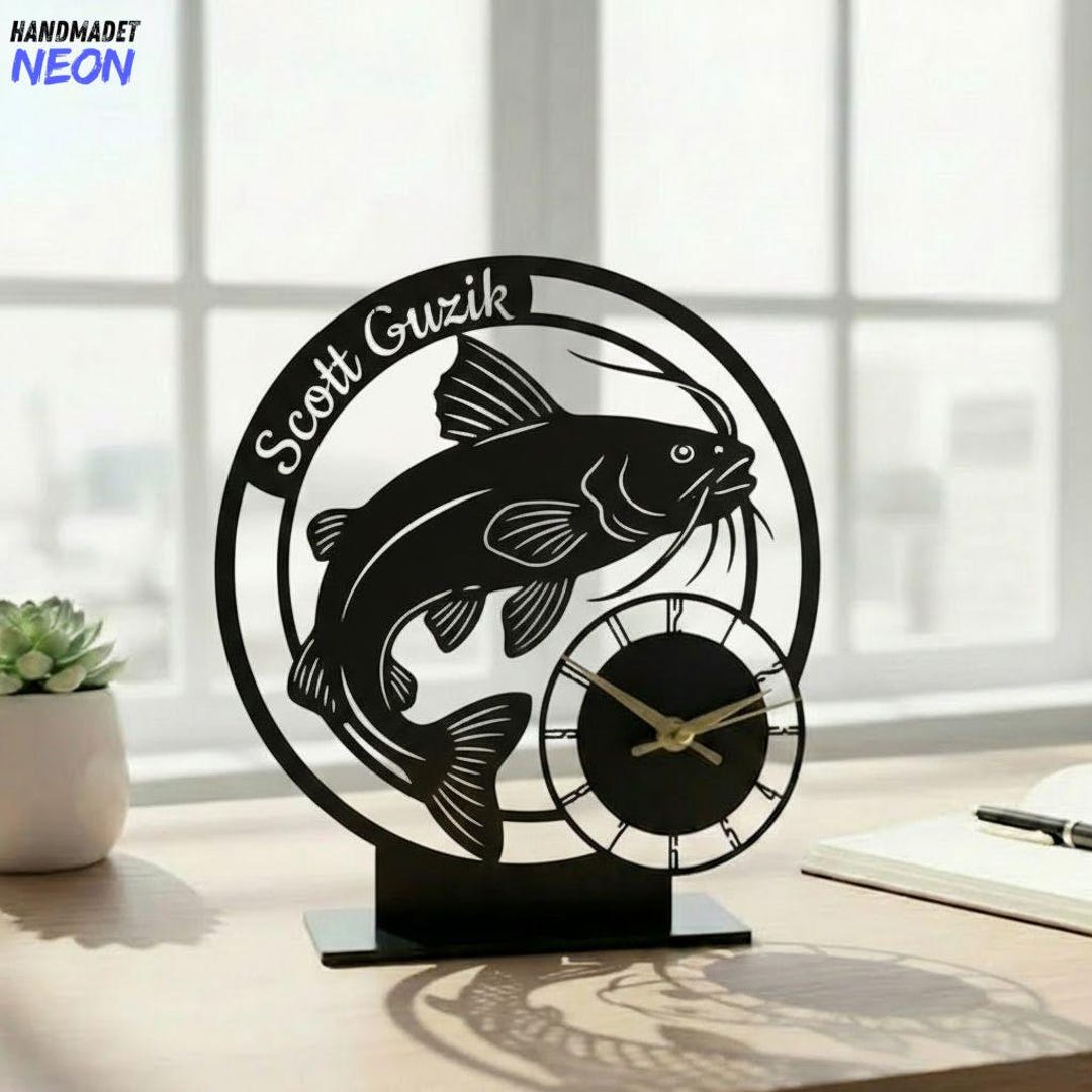Personalized Catfish Metal Desk Clock, River Fishing Decor, Custom Gift ...