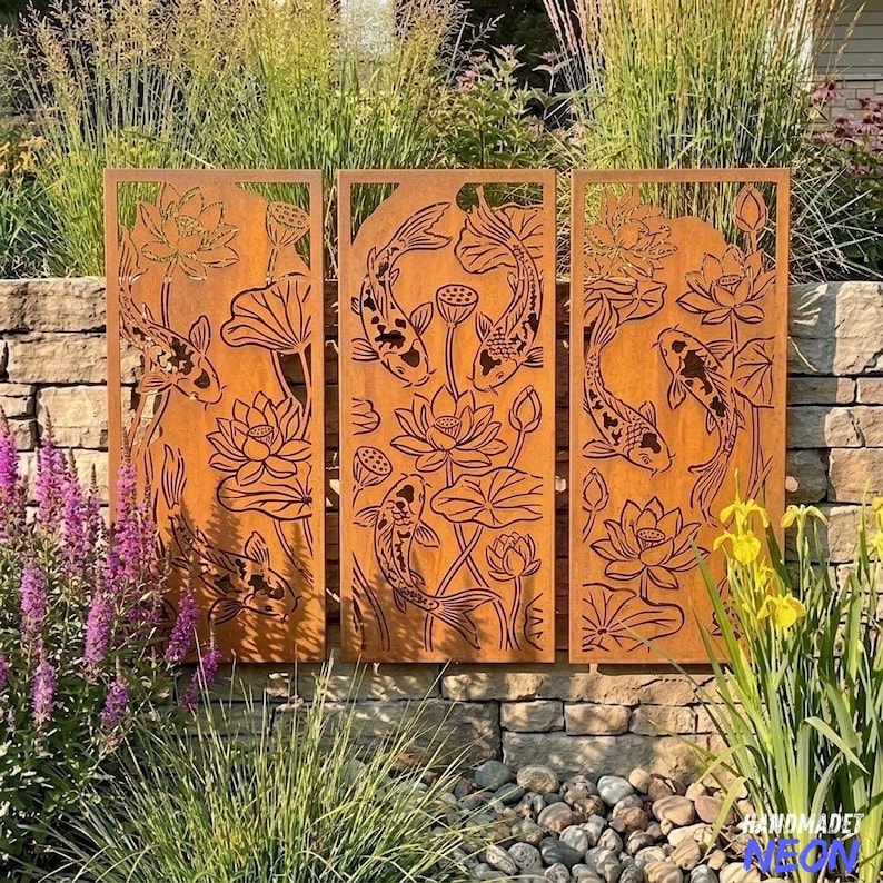Custom Koi Fish Metal Garden Wall Panel, Lotus Flower Outdoor Yard Art ...