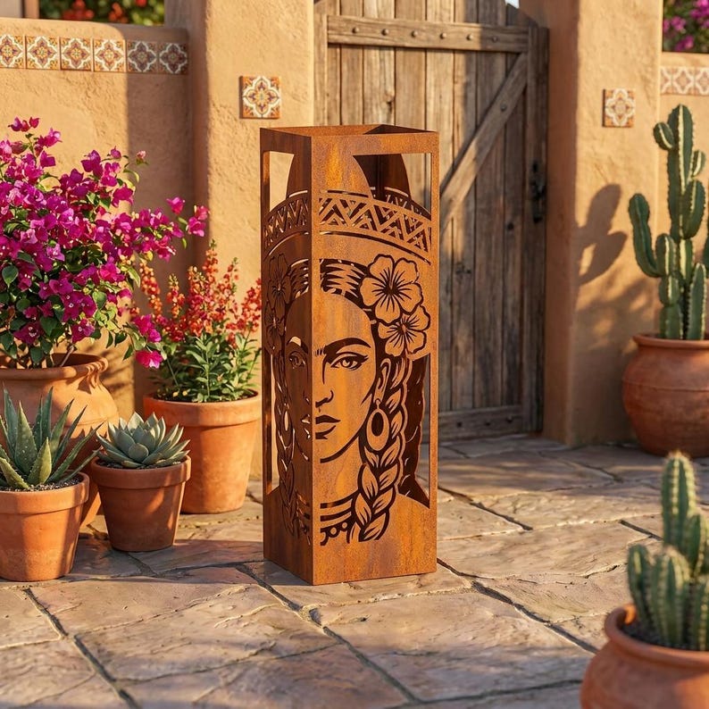Mexican Woman Metal Garden Column, Mexico Outdoor Pillar, Southwestern ...