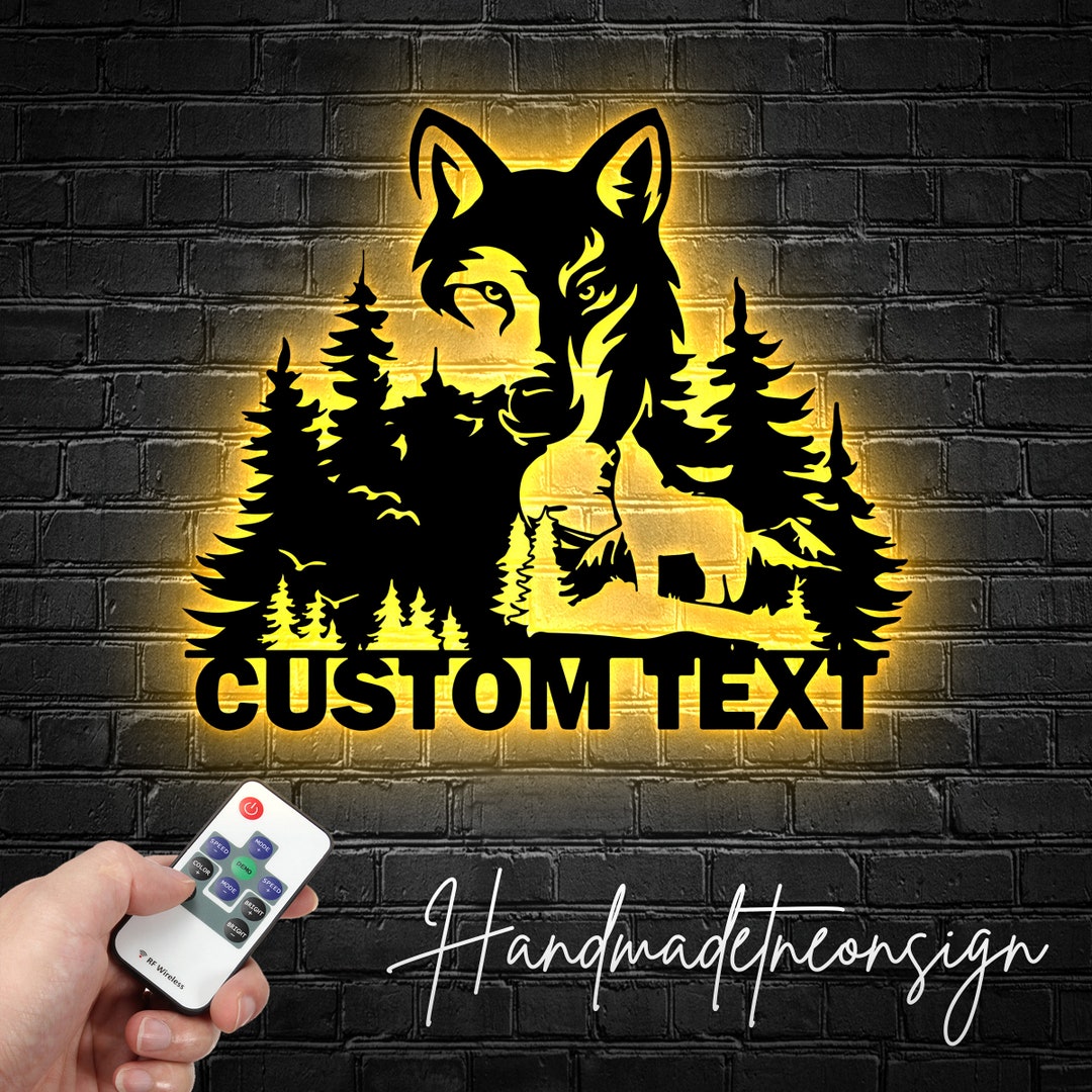 Custom Wolf in Forest Metal Wall Art LED Light - Personalized Wolf ...