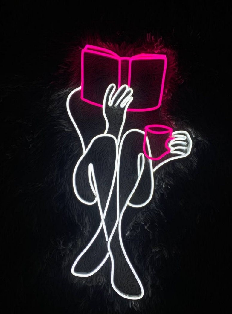 Woman Reading Books Led Sign, Reading Led Sign, Wall Decor, Books Neon ...