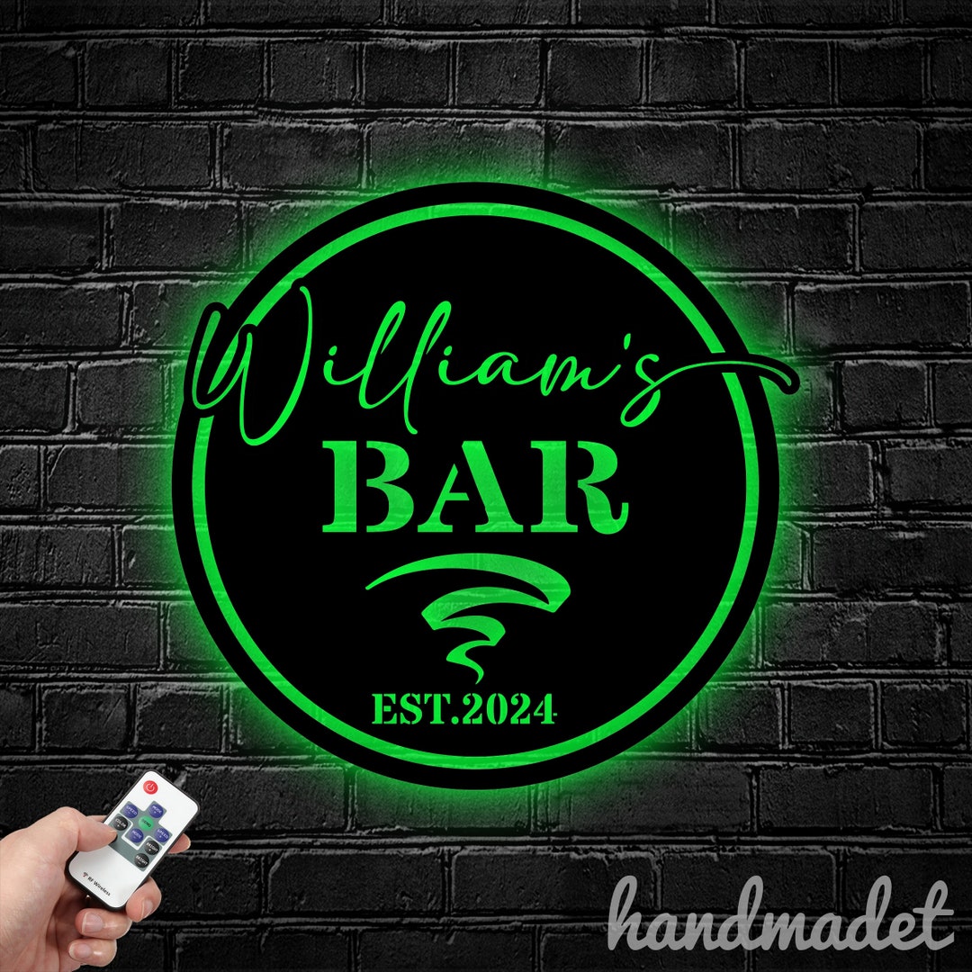 Custom Bar Metal Wall Art LED Light, Bar Name Metal Sign, Open Bar Led ...