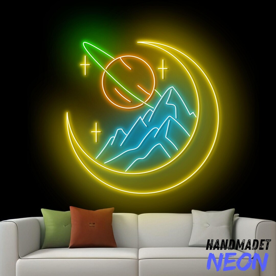 Moon With Mountain Neon Sign, Moon Planet Led Sign, Moon Led Light ...