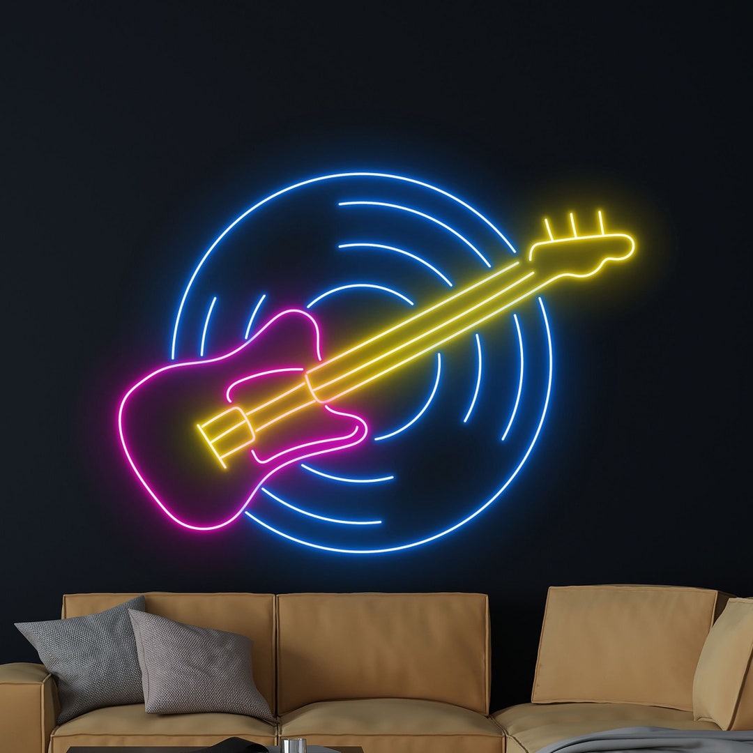 Record Disc Guitar Led Sign, Record Neon Light, Guitar Led Light, Disc ...