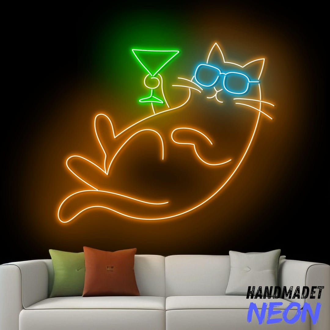 Cat Drinking Martini Neon Sign, Cute Cat Martini Led Sign, Cat Pet Neon ...