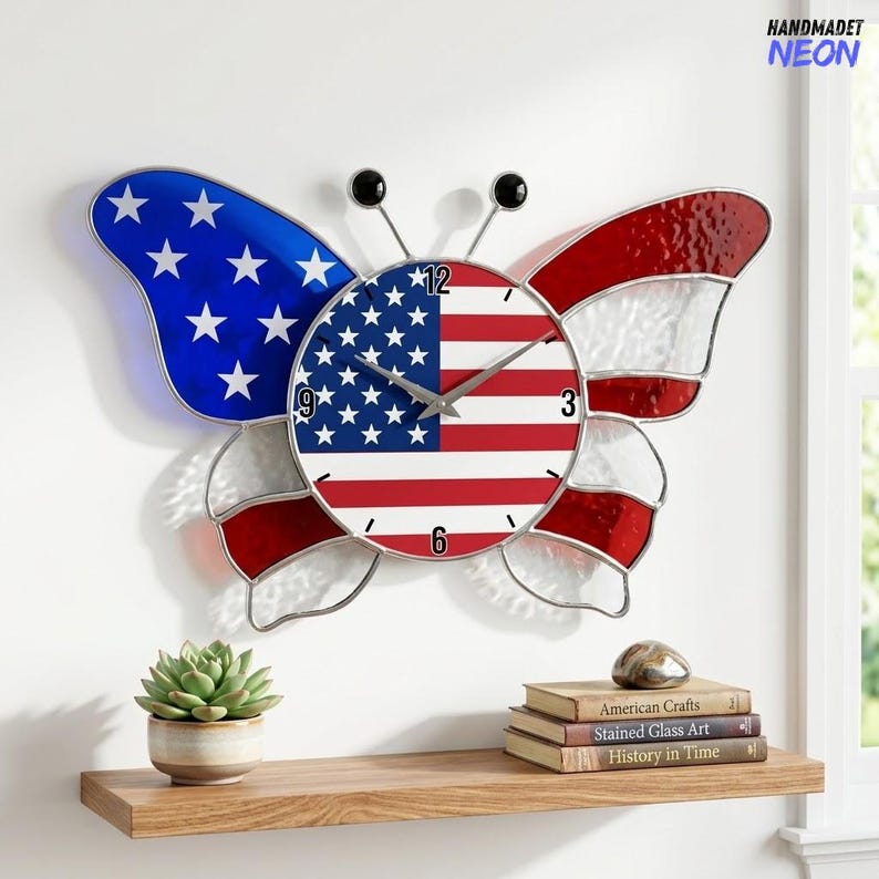 Custom American Flag Butterfly Stained Glass Clock, USA Patriotic Decor ...