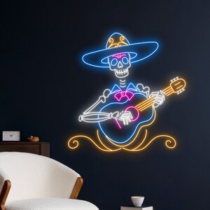 Custom Mexican Skeleton Playing Guitar Neon Sign, Skeleton in Sombrero ...