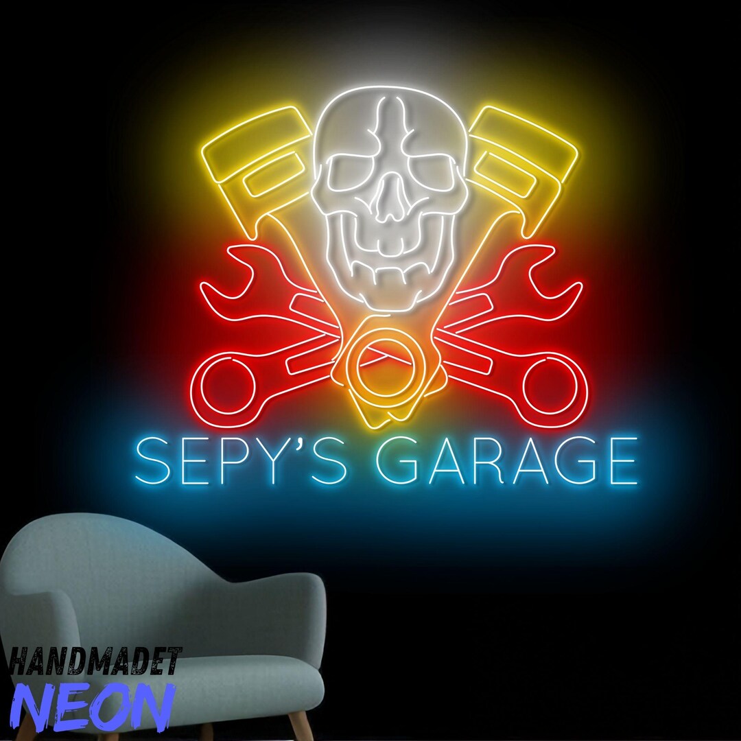 Skeleton Garage Neon Sign, Skull Garage Mechanic Led Sign, Workshop Led ...