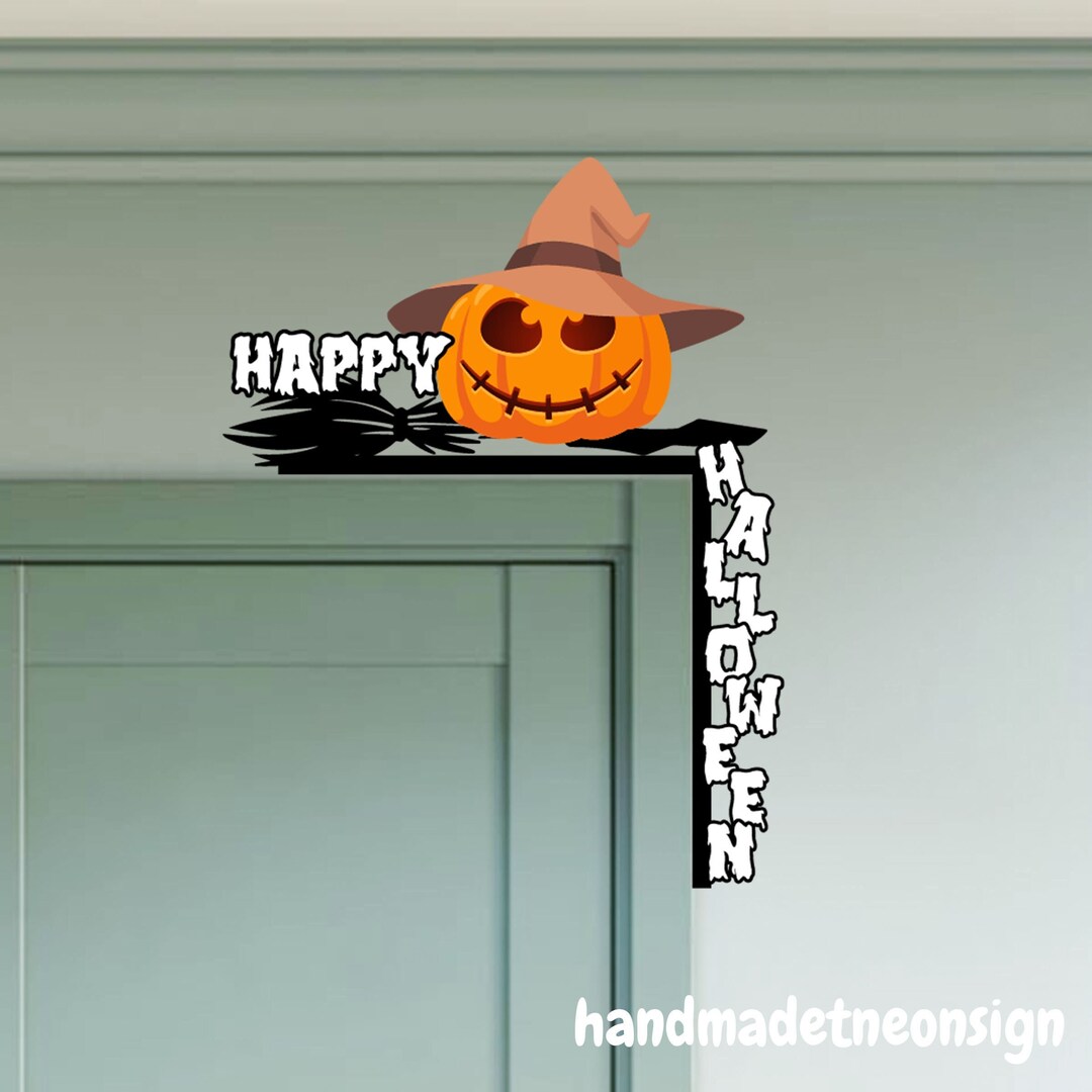 Personalized Happy Halloween Door Corner Sign, Pumpkin Witch on Broom ...