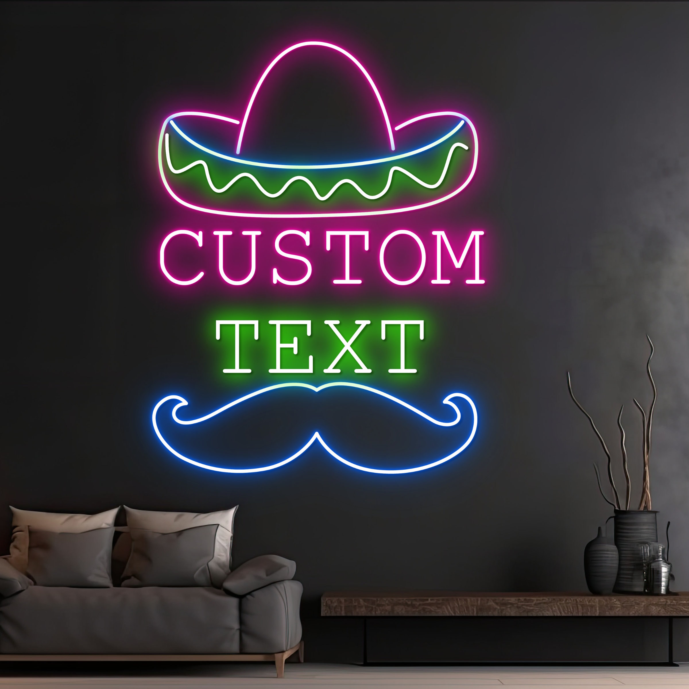 Custom Sombrero Hat Mexican Man Neon Sign, Mexico Hat Mustache LED ...