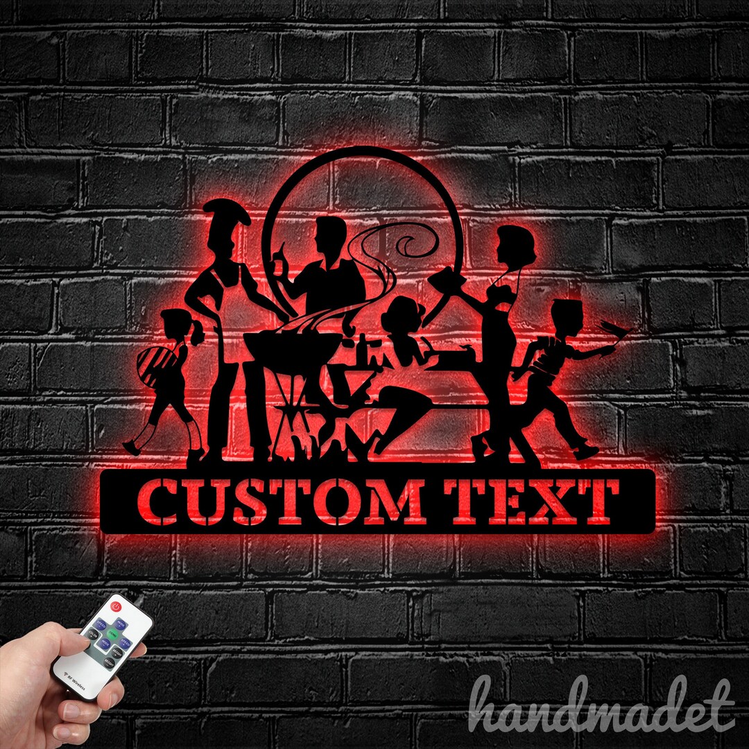 Custom BBQ Metal Wall Art LED Light - Personalized Barbecue Name Sign ...