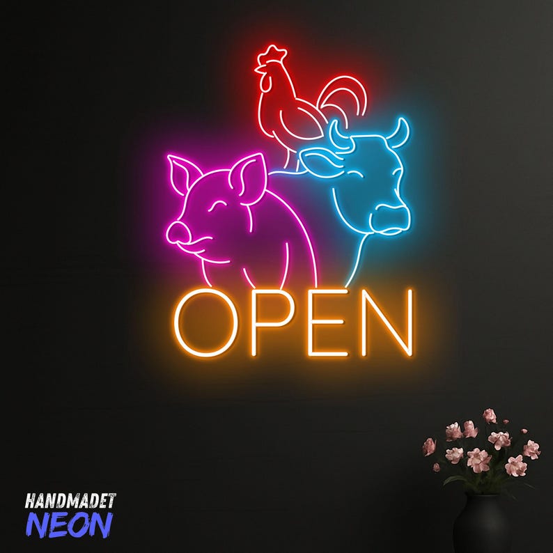 Butcher Shop Neon Sign, OPEN LED Light With Cow Pig Chicken, BBQ ...