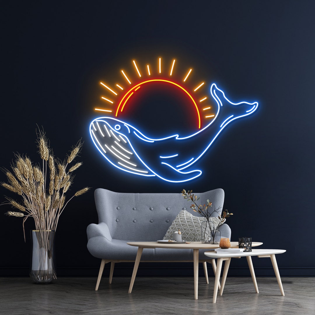 Whale With Sun Led Sign, Whale With Sunset Neon Sign, Wall Decor, Whale ...