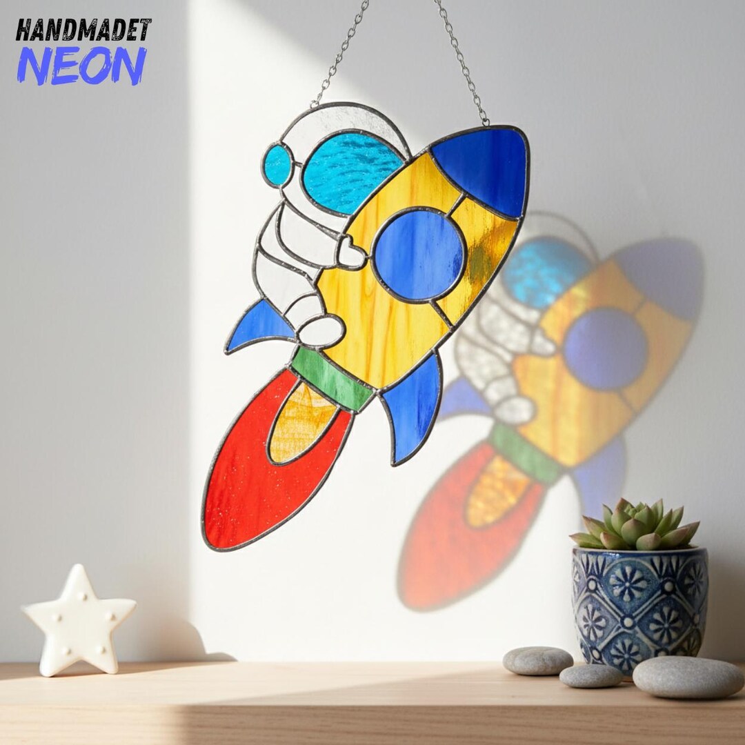 Astronaut Stained Glass Suncatcher, Rocket Window Decor, Kids Room Art ...