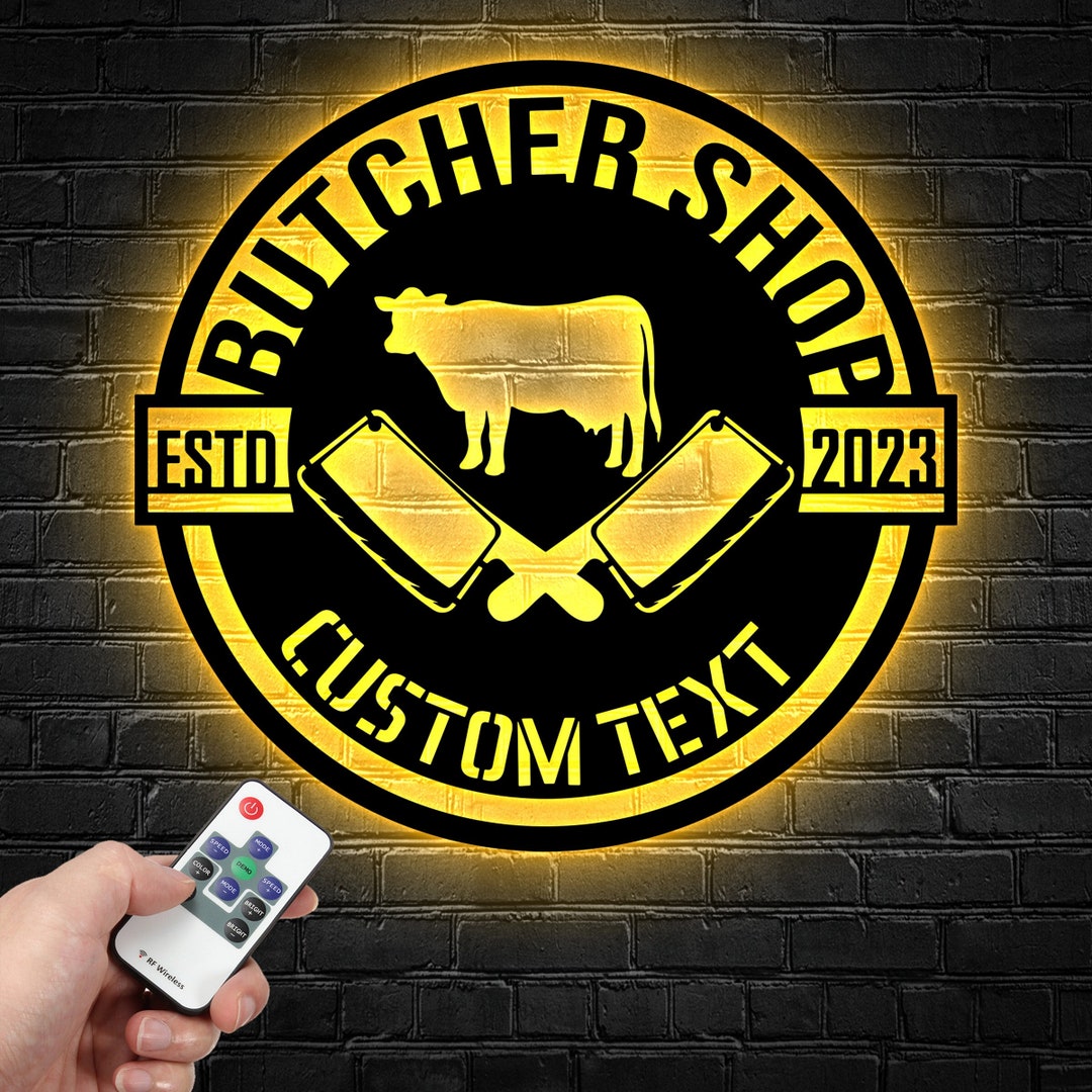 Personalized Butcher Shop Metal Wall Art LED Light, Custom Butcher ...