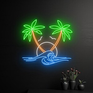 Sun Ocean Waves Palm Tree Neon Sign, Beach Led Sign, Holiday Led Light ...