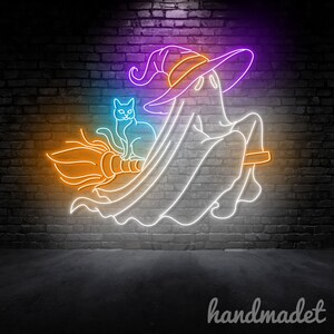 Ghost Witch Neon Sign, Ghost With A Cat Led Sign, Ghost Riding A Broom ...