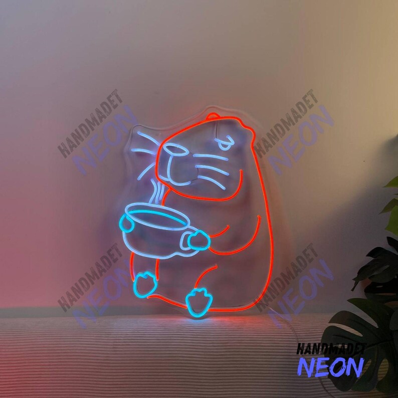 Capybara Coffee Neon Sign, Capybara Cafe Led Sign, Tea Cup Capybara Led ...