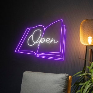 Open Book Neon Sign, Book Open Shop Neon Light, Bookworm LED Light ...