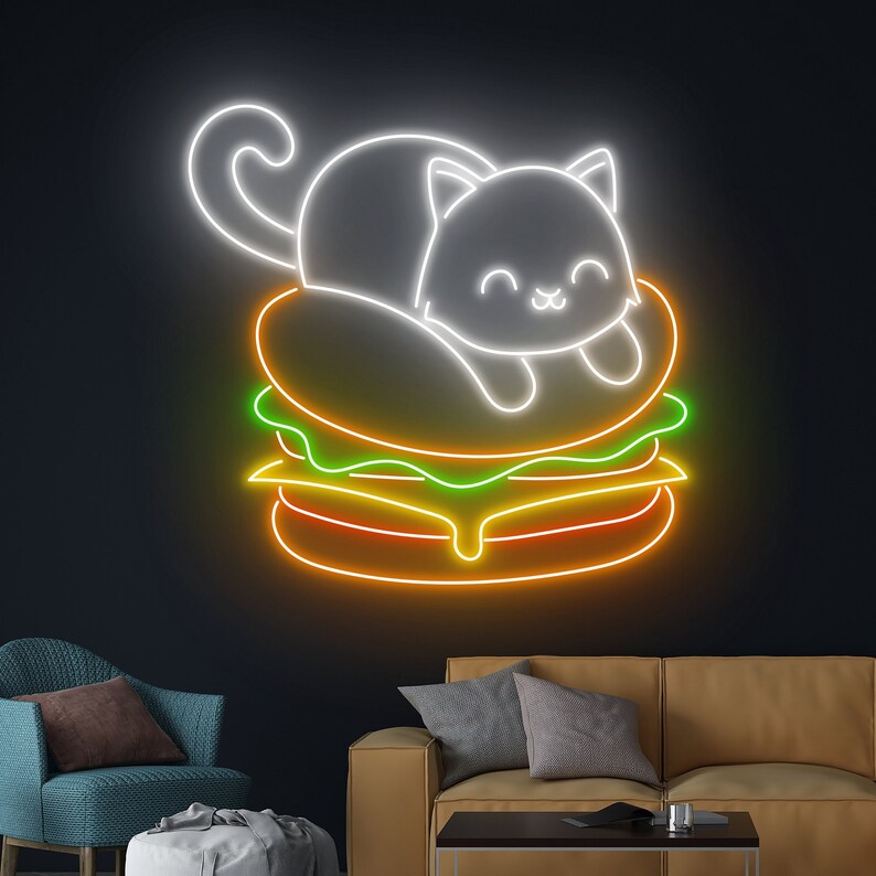 Burger Cat Neon Sign, Cat Burger Neon Light, Burger Led Light, Fast ...