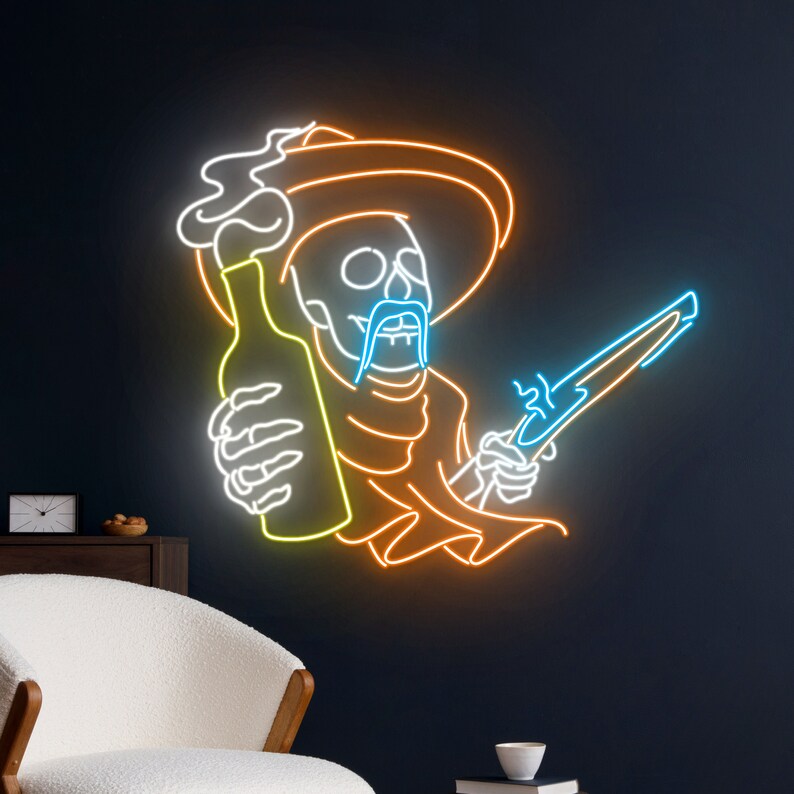 Skeleton Drinking Neon Light, Skeleton Wine Led Sign, Skeleton Mustache ...