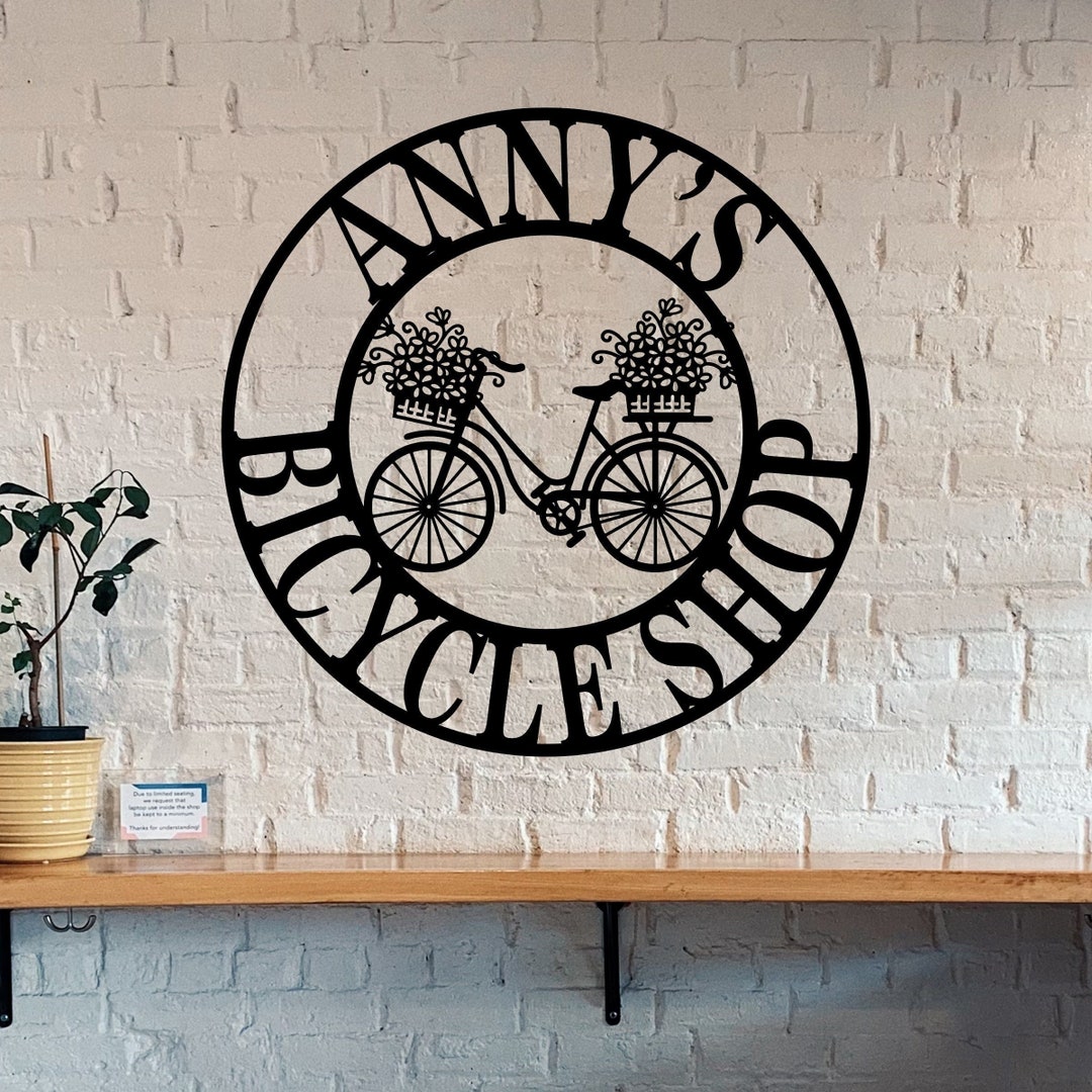 Custom Bicycle Shop Metal Wall Art LED Light, Bike Flower Metal Sign ...