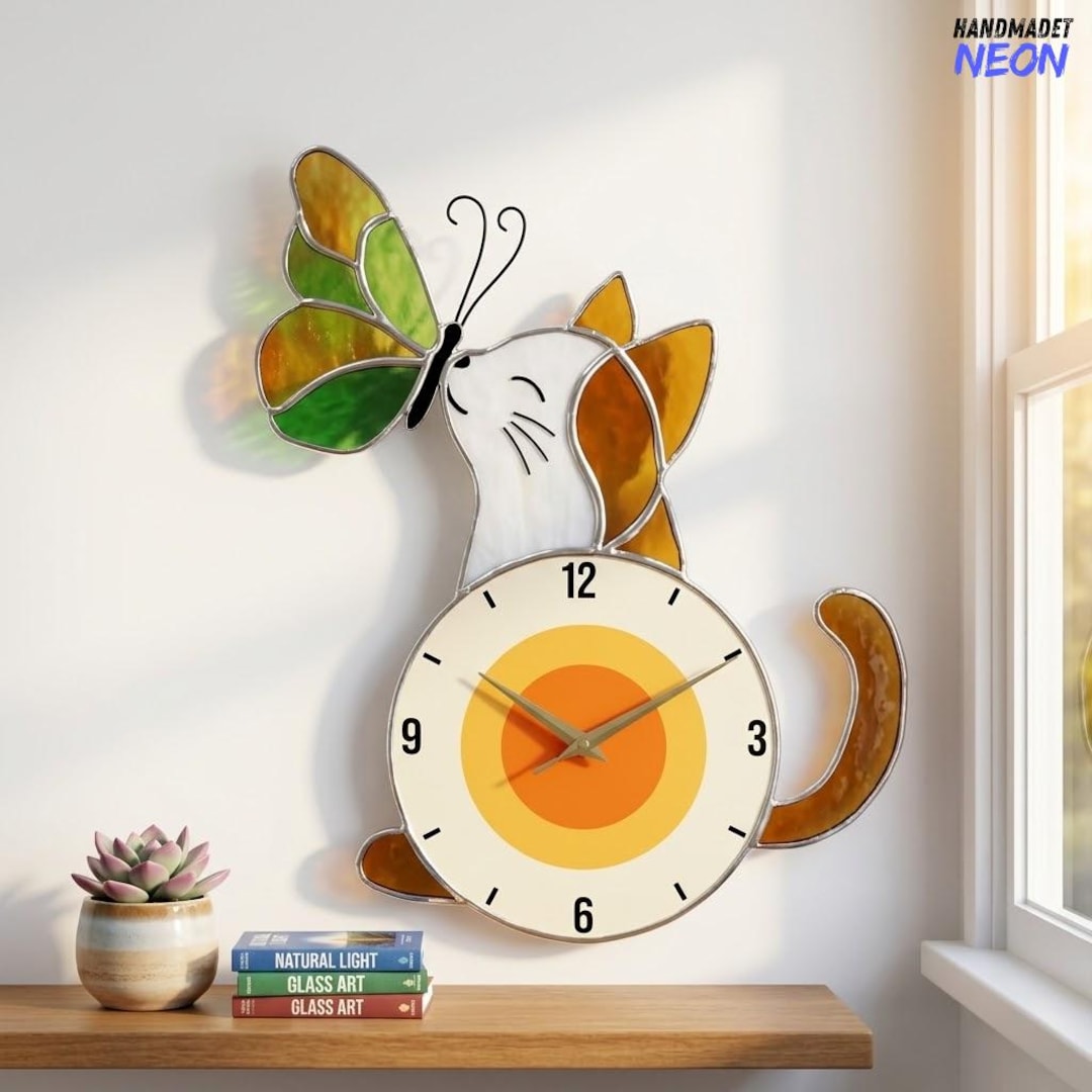 Custom Stained Glass Cat Wall Clock, Butterfly Suncatcher Art Decor ...