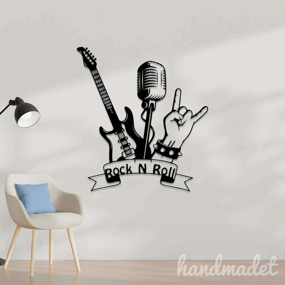 Personalized Rock and Roll Metal Wall Art LED Light, Guitar Microphone ...