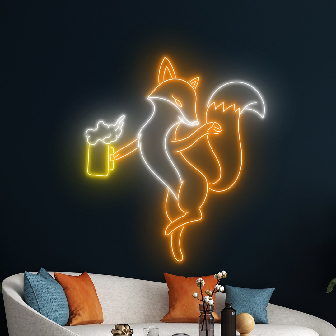 Fox Drinking Beer Neon Light, Fox Led Sign, Foxy Drinking Beer Neon ...