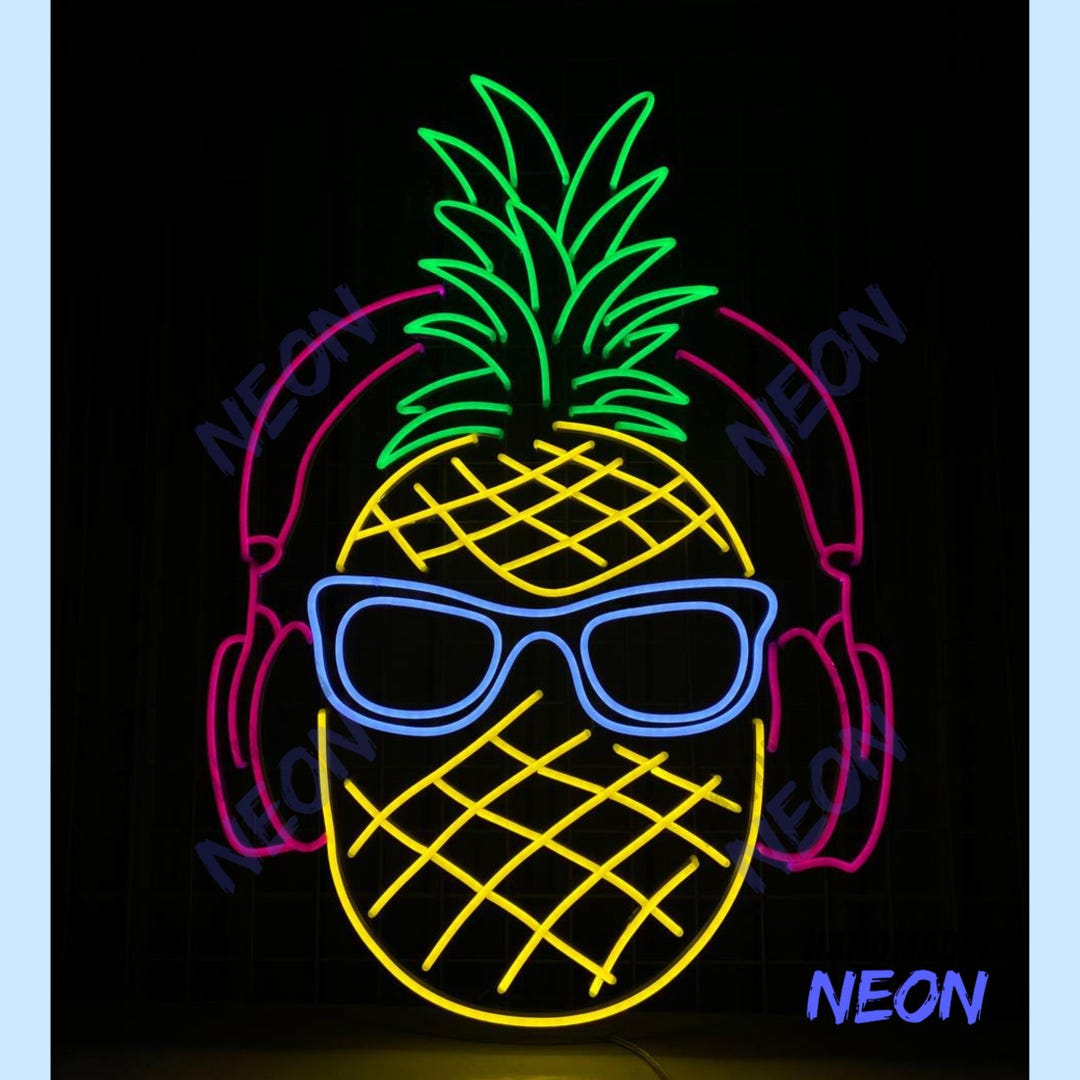 Pineapple With Headphone Led Sign, Pineapple Wearing Sunglasses Neon ...