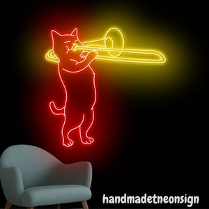 Cat Playing Trombone Neon Sign, Cute Cat Led Sign, Cat Trombone Neon ...
