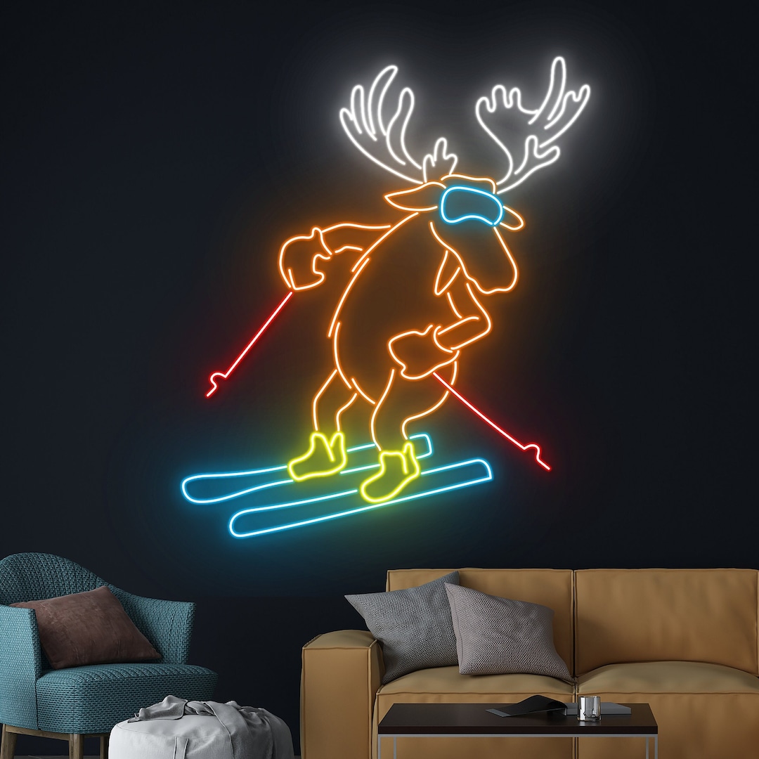 Moose Skiing Neon Sign, Snow Skiing Moose Led Sign, Skiing Moose Led ...