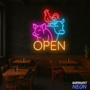 Butcher Shop Neon Sign, OPEN LED Light With Cow Pig Chicken, BBQ ...